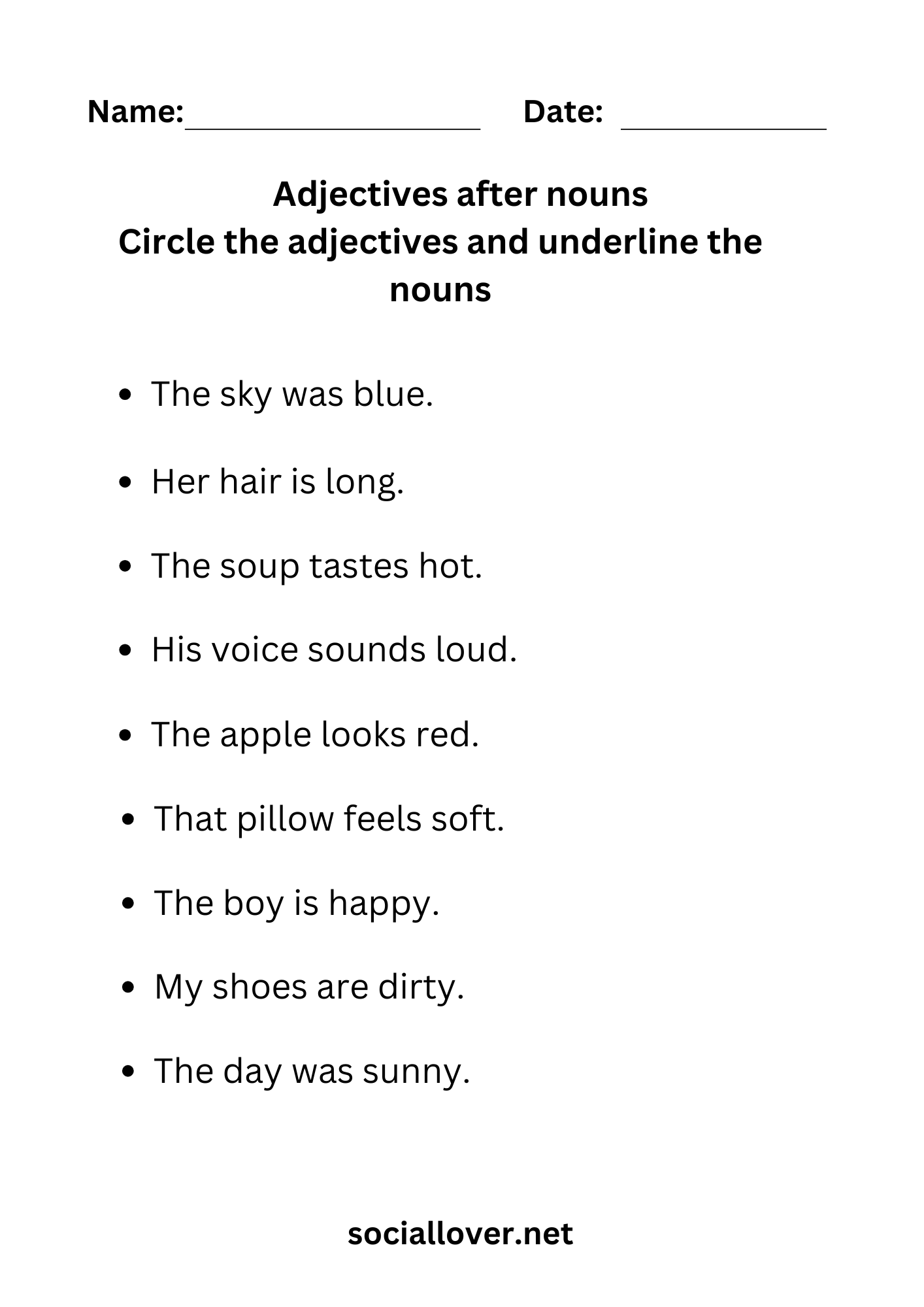 Adjectives after noun worksheets Grade 2