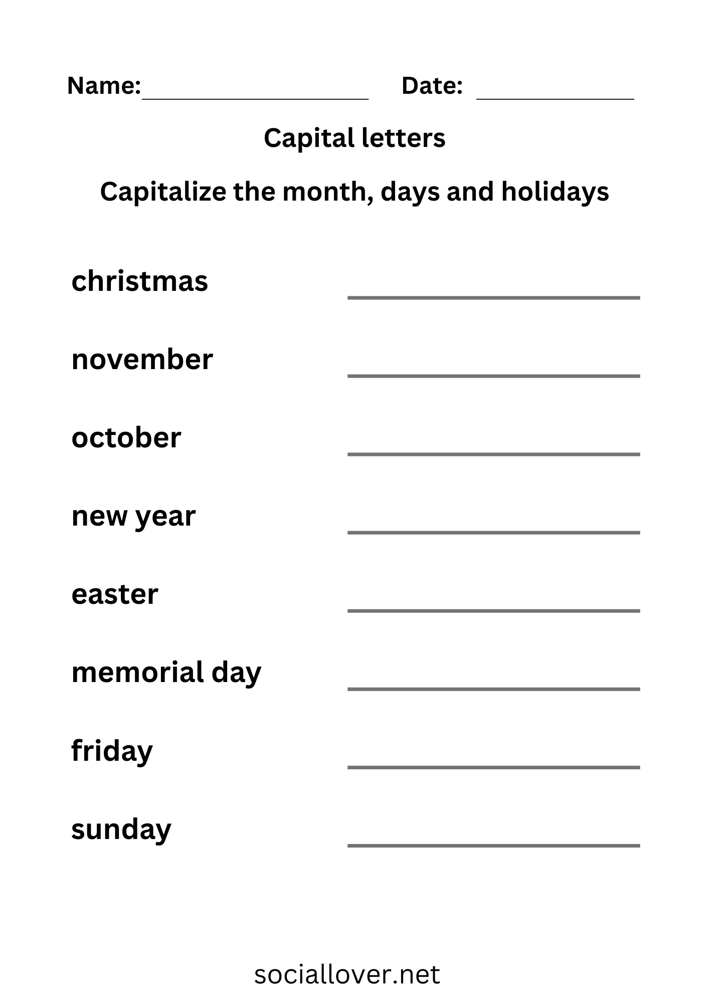 Capitalize days and holidays worksheets