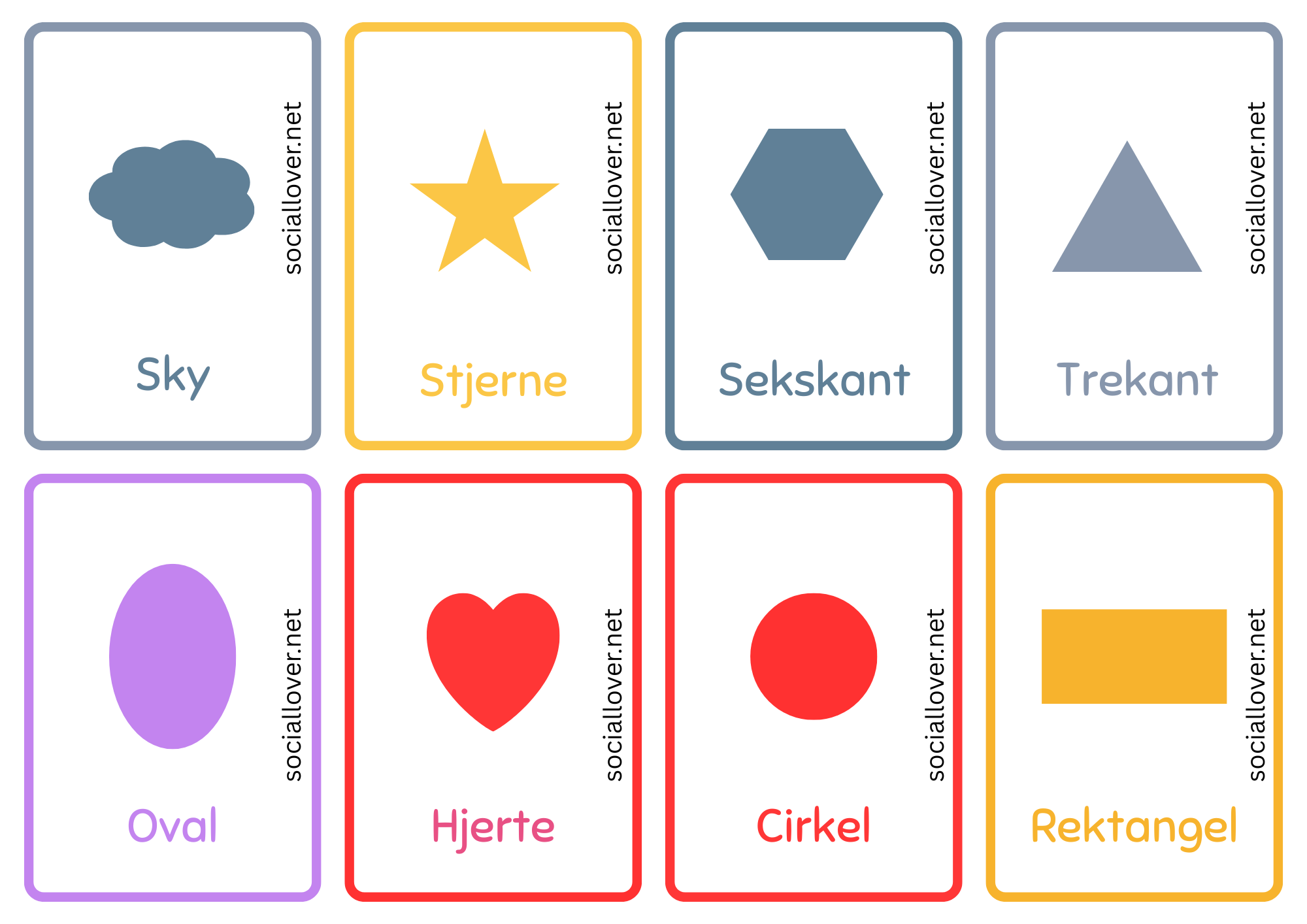 Shapes Flashcards in Danish with Shape names list