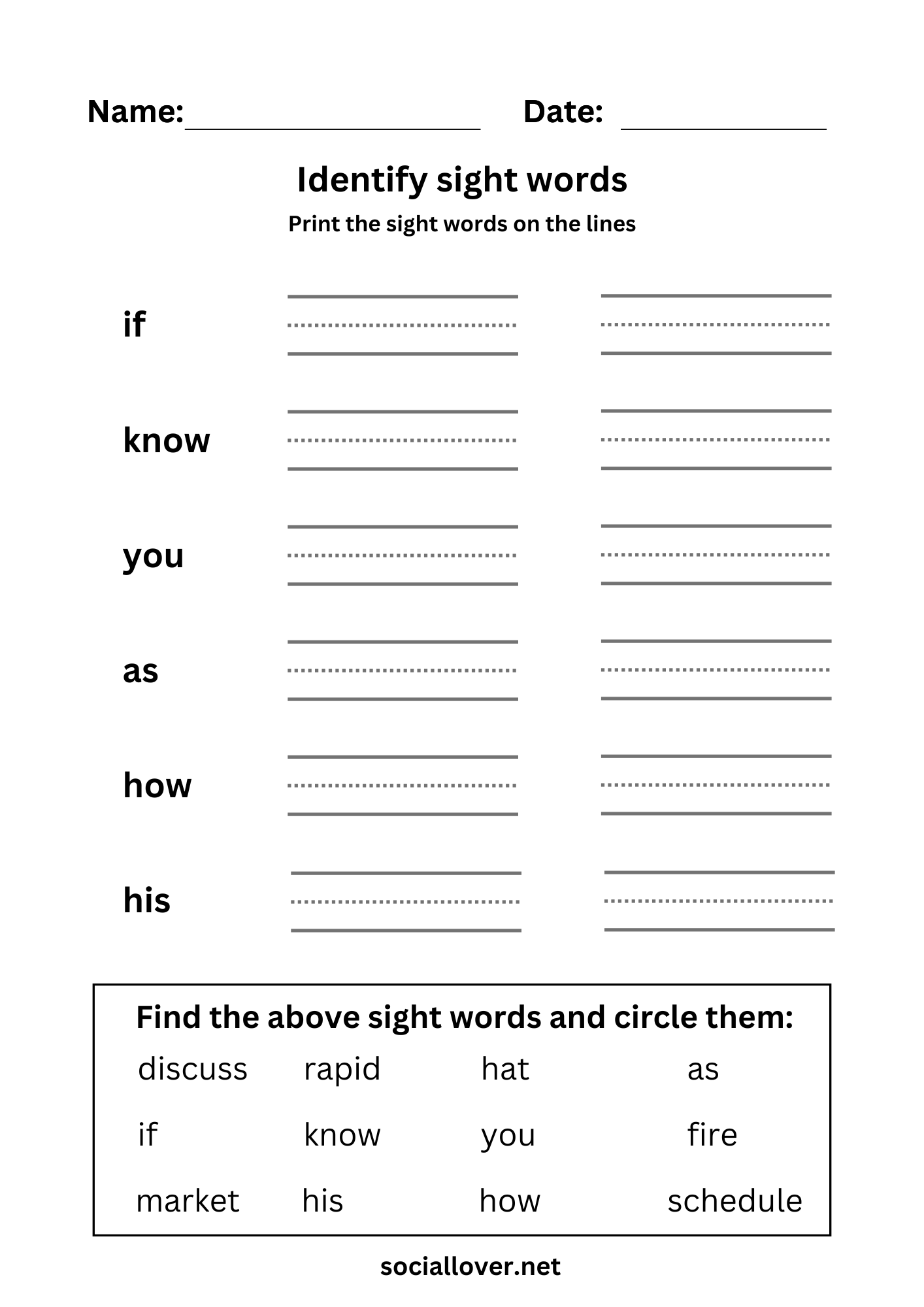 Identify sight words Worksheets for Grade 1